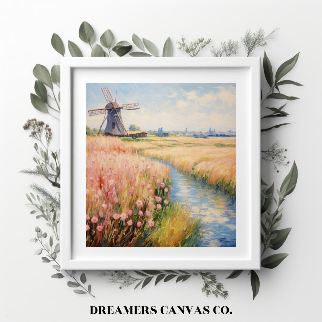 Printable Artwork Flower Field With Windmill Oil Painting Wall Art ...