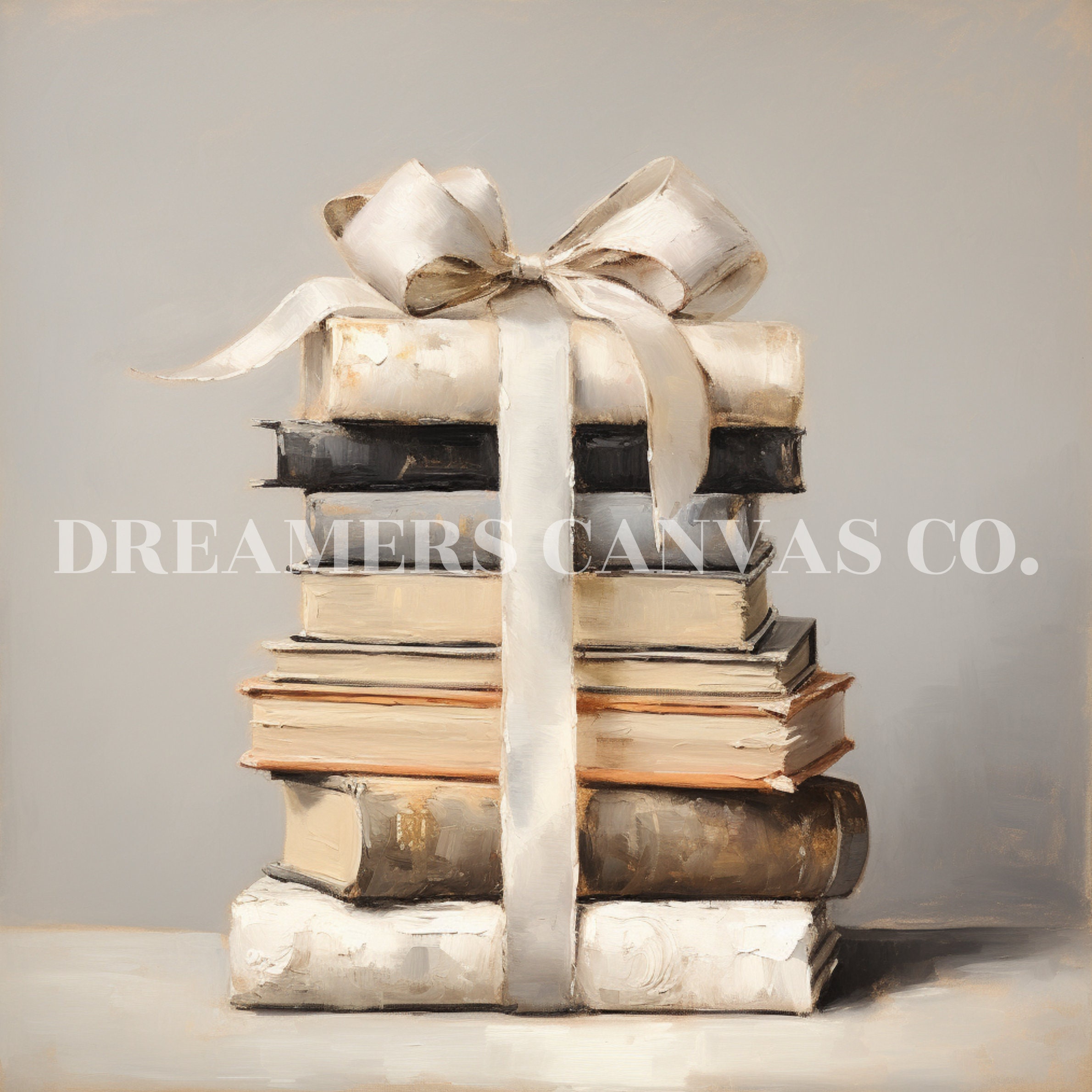 Printable Artwork Neutral Book Stack With Bow Oil Painting Wall Art ...