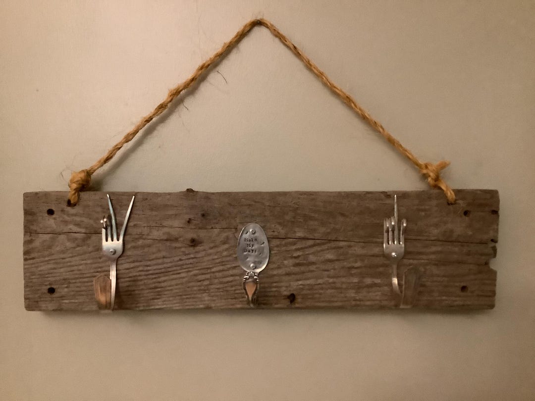 Silverplate Rack, Rustic Barn Board Coat Hooks, Recycled Silverware ...