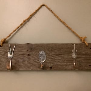 Silverplate Rack, Rustic Barn Board Coat Hooks, Recycled Silverware ...