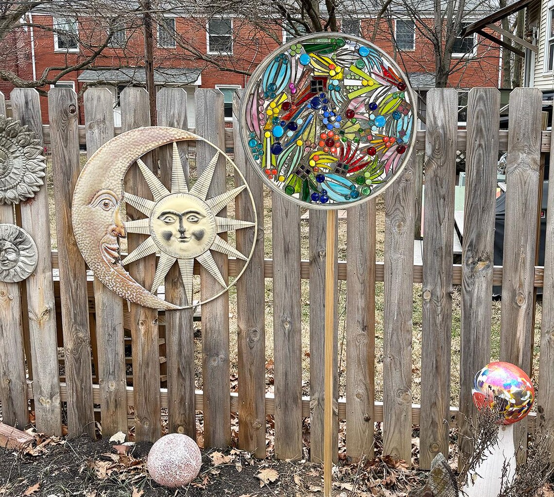 Stained Glass Art. Upcycled Bicycle Wheel Sculpture for House or Garden ...