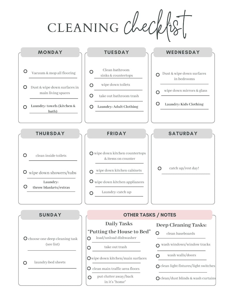 Busy Family Cleaning Checklist - Etsy