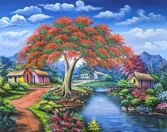 Flamboyant Tree Painting Oil Painting Cottage Landscape | Etsy