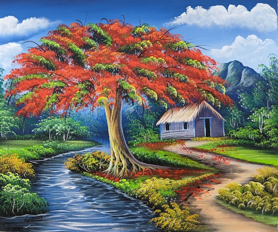 Flamboyant Tree Painting Colorful Oil Painting Landscape | Etsy