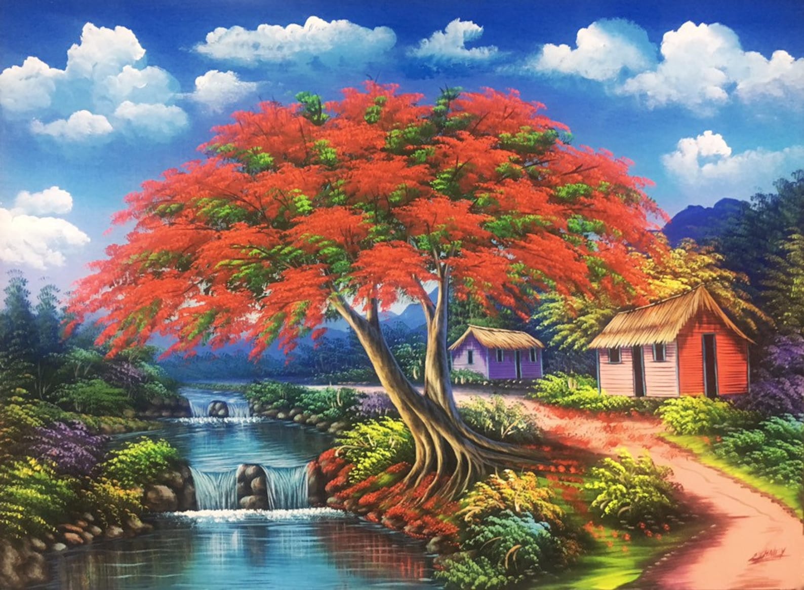 Flamboyant Tree Oil Painting Haitian Art Landscape Canvas - Etsy