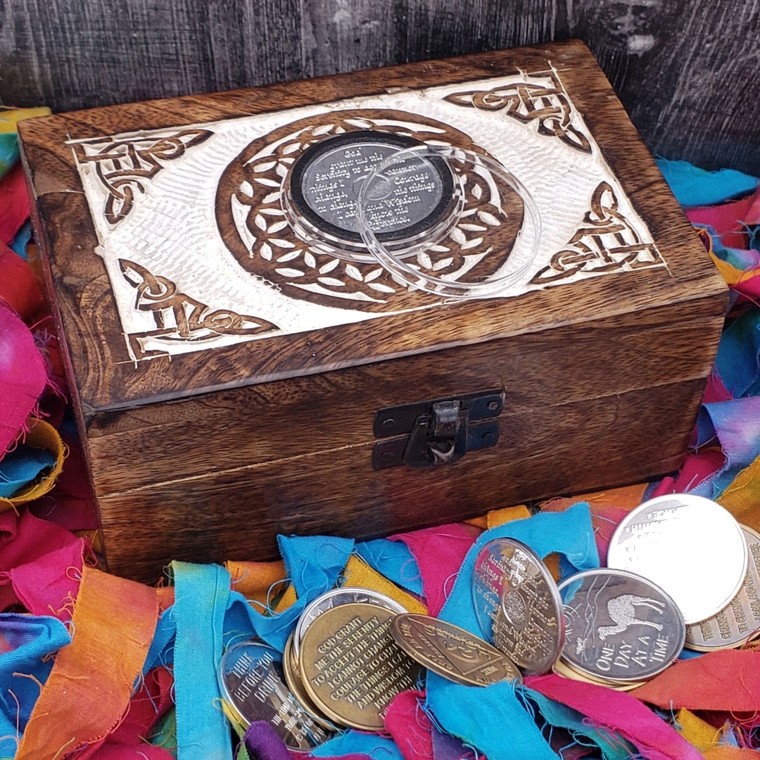 Celtic Wood Relief Alcoholics Anonymous AA Chip Holder God Box Serenity ...