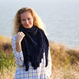 Knit Triangle Scarf Navy Blue Triangle Shawl Knit Wedding Shawl Knit ...