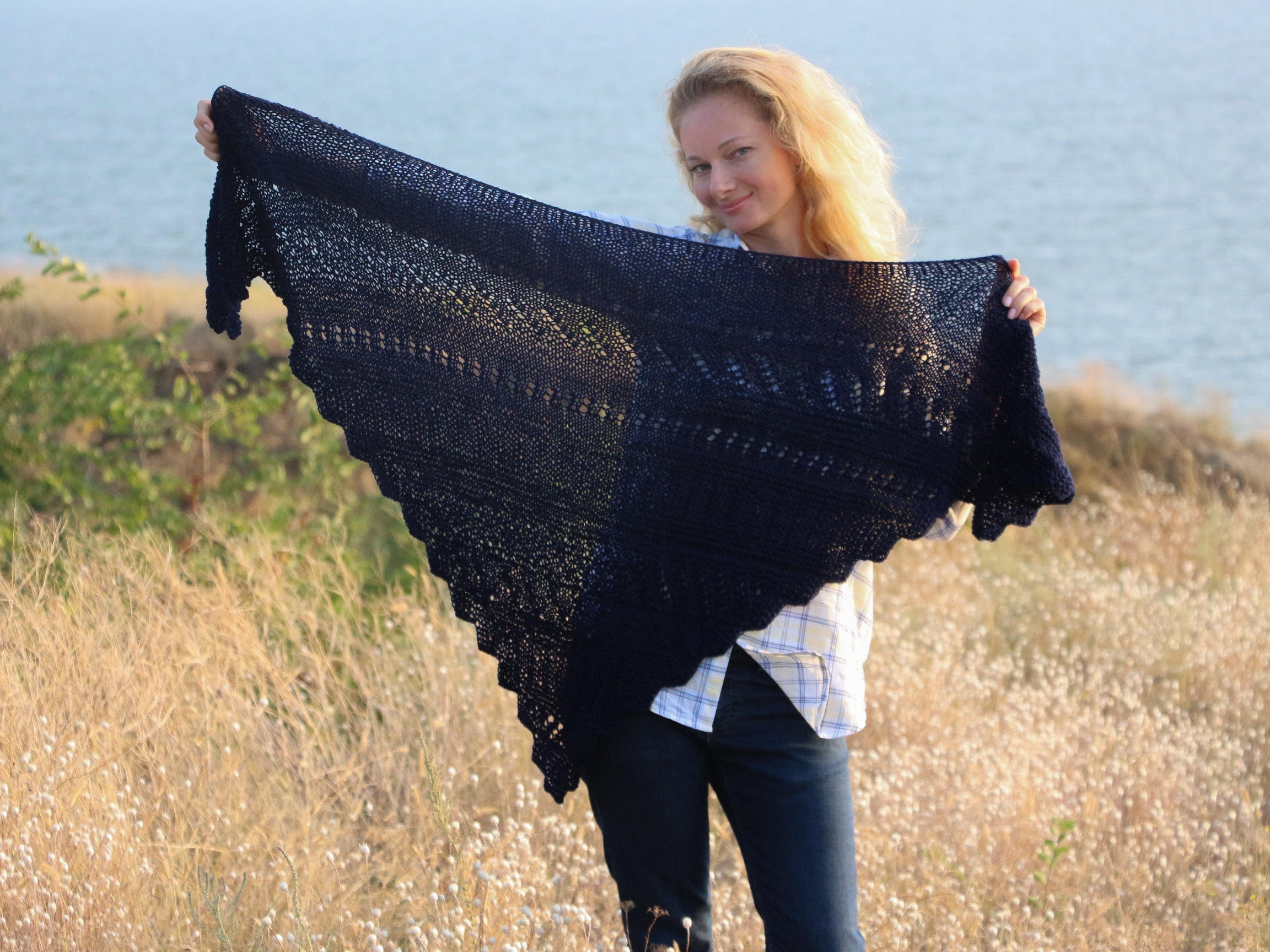 Knit Triangle Scarf Navy Blue Triangle Shawl Knit Wedding Shawl Knit ...