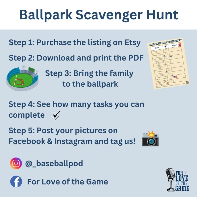 Baseball Ballpark Scavenger Hunt Printable for Kids – Fun Game for ...