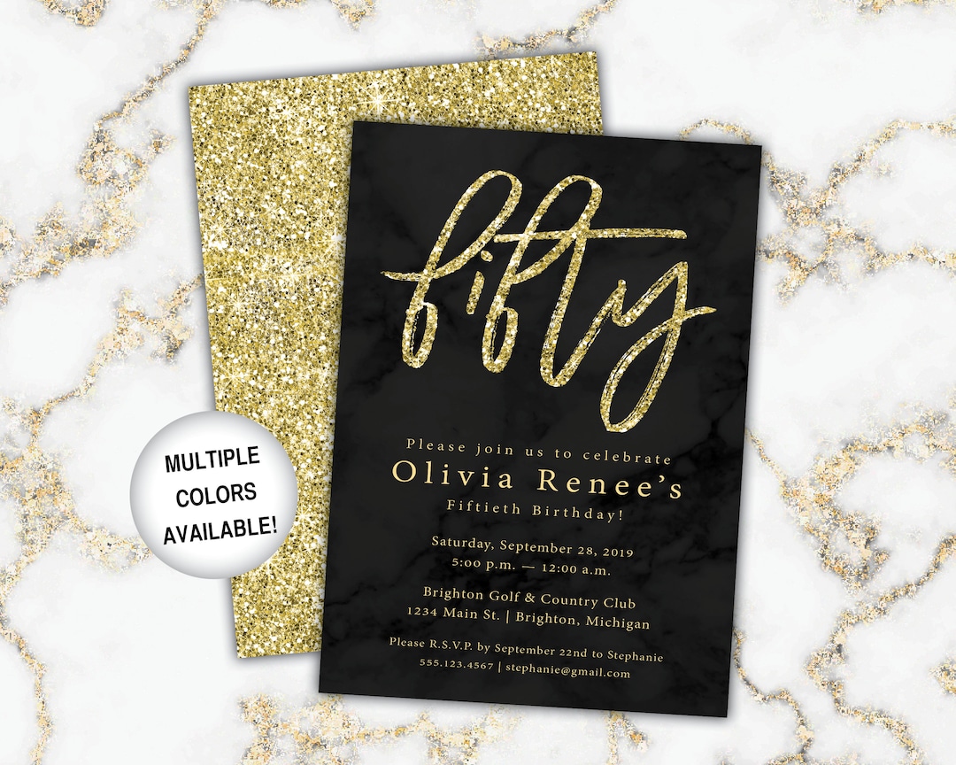 Black and Gold 50th Birthday Invitation Marble | Fiftieth Birthday ...