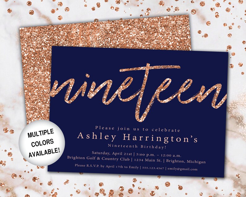 19th Birthday Invitation Rose Gold | Nineteenth Birthday Invitation ...