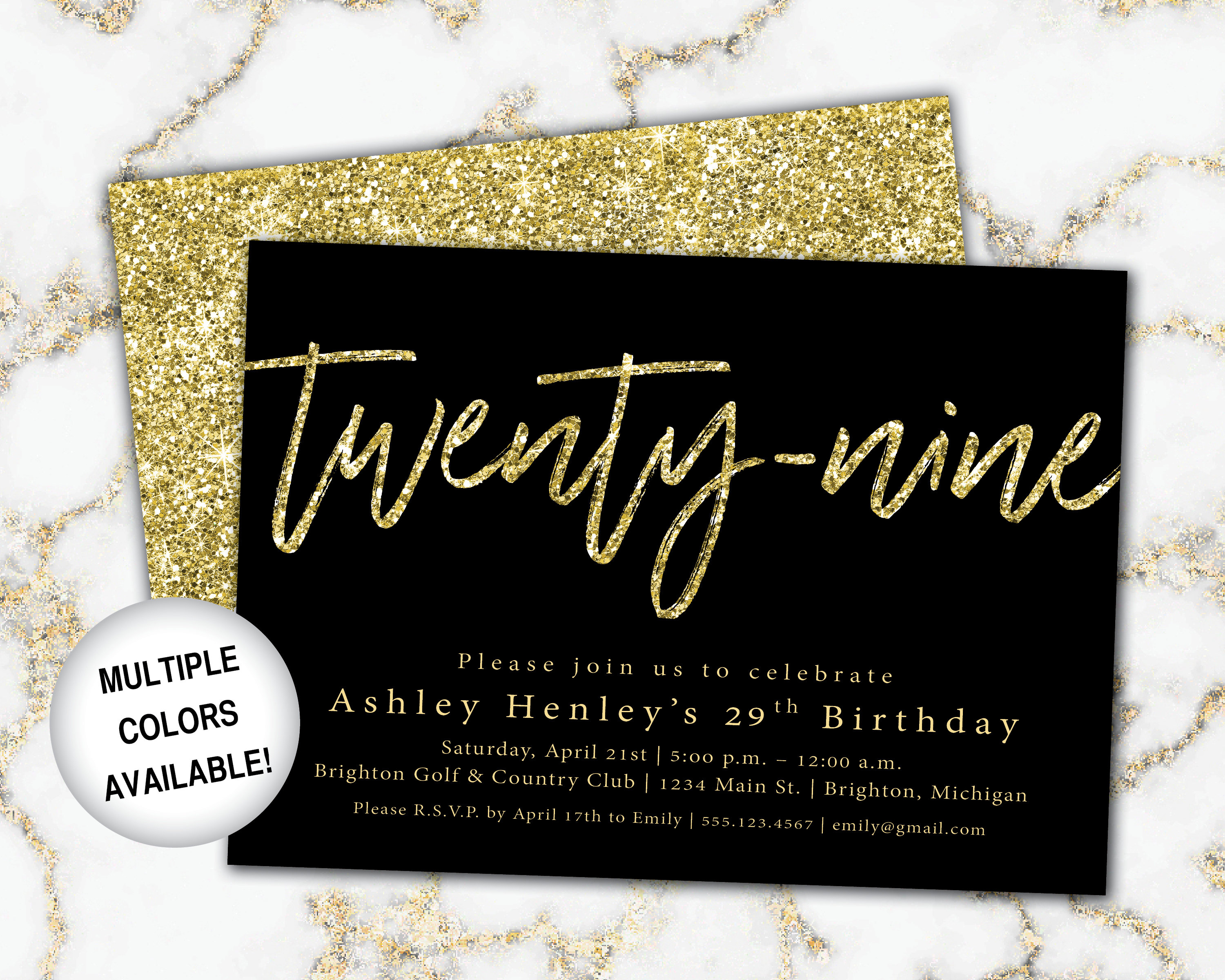 Gold 29th Birthday Invitation Marble | Twenty Ninth Birthday Invitation ...