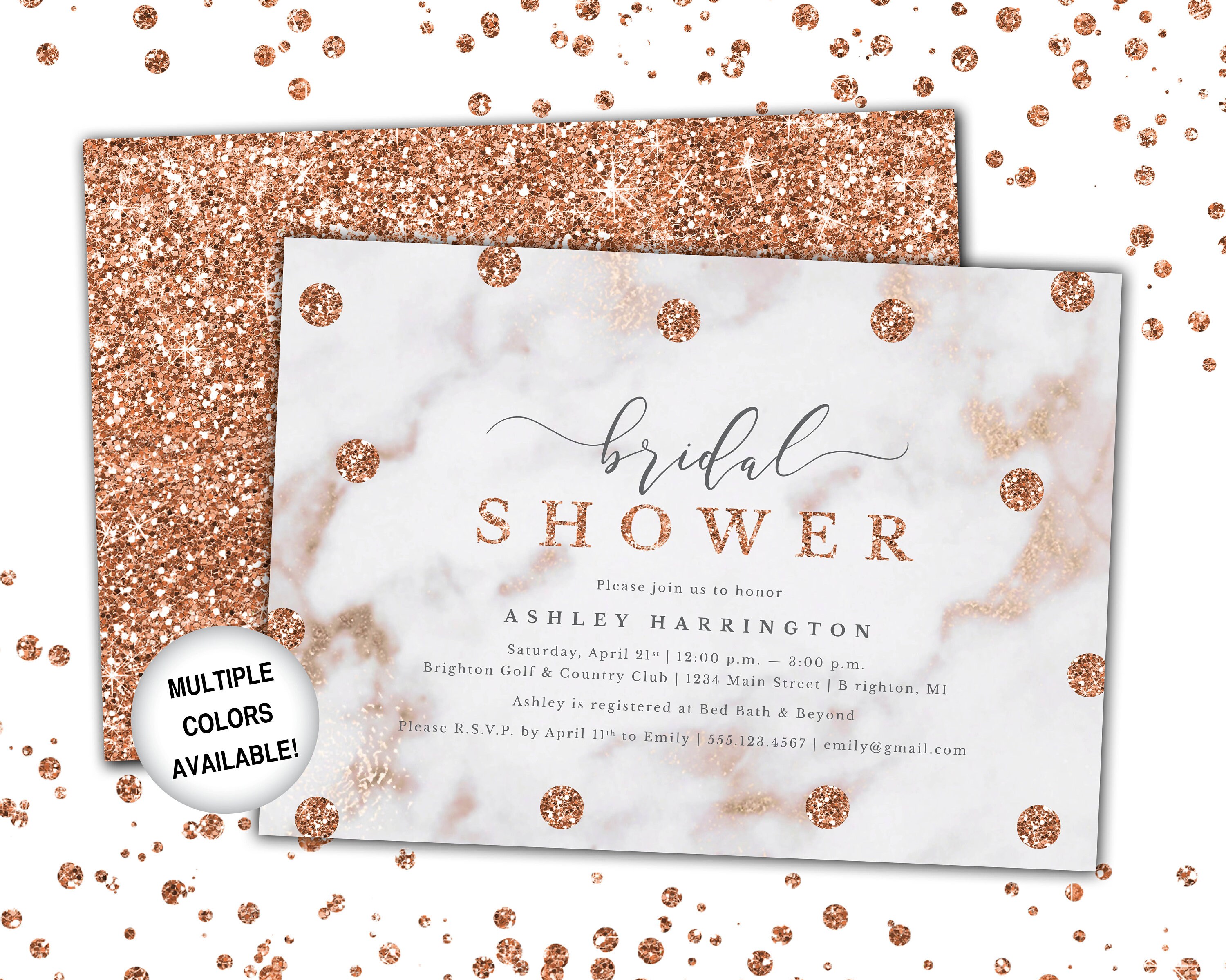 Rose Gold and Navy Bridal Shower Invitation | Glitter Polka Dot Bridal ...