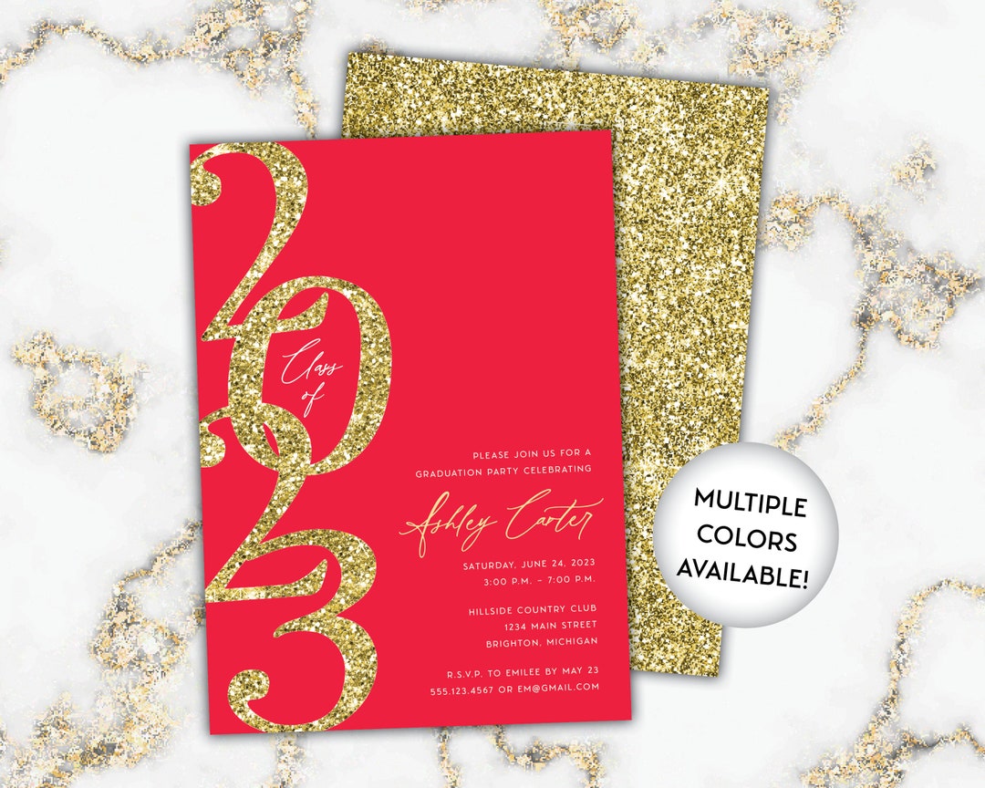 Red and Gold Graduation Party Invite Glitter Class of 2023 Grad Party ...