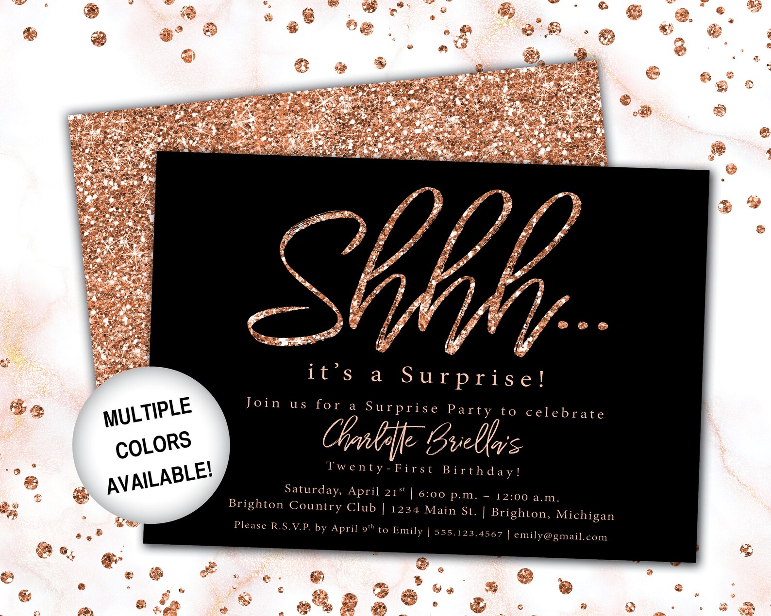 Rose Gold Shh It's a Surprise Party Invitation Surprise Birthday Party ...