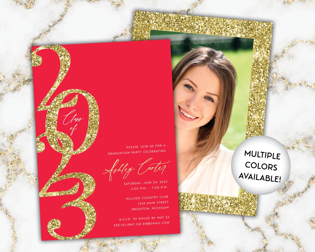 Red and Gold Glitter Graduation Party Invite With Photo | Class of 2023 ...