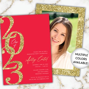 Black and Gold Glitter Graduation Party Invite With Photo | Class of ...
