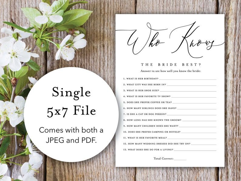 Who Knows the Bride Best Bridal Shower Game DIY Printable Template ...