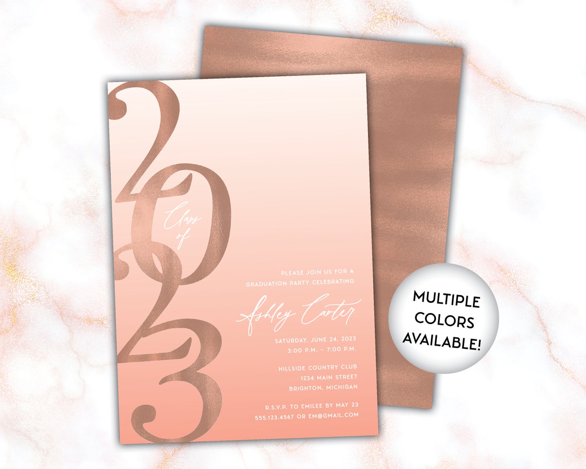 Rose Gold Foil and Black Graduation Party Invite | Class of 2023 Grad ...
