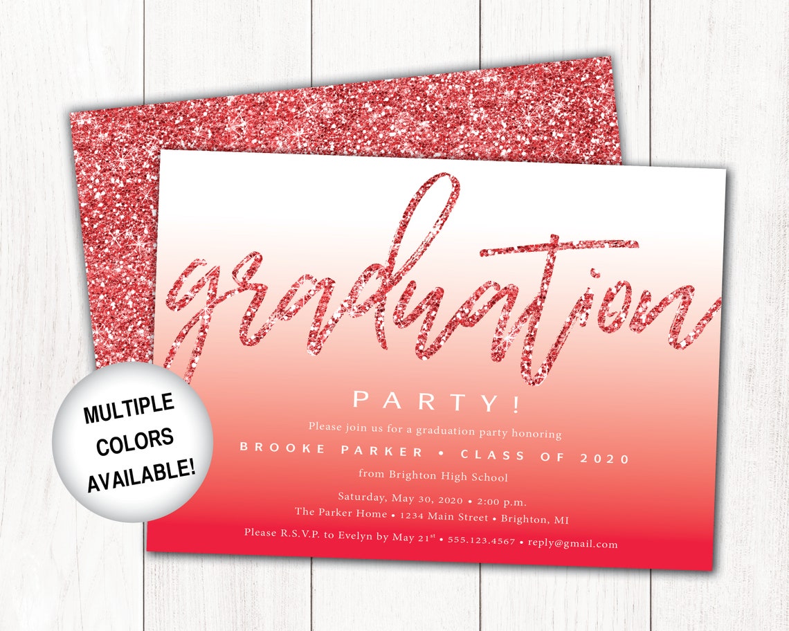 Red Graduation Party Invitations | Grad Party Invitation Red Glitter ...