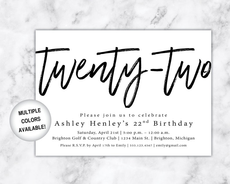 22nd Birthday Invitation Printable Twenty Second Birthday - Etsy
