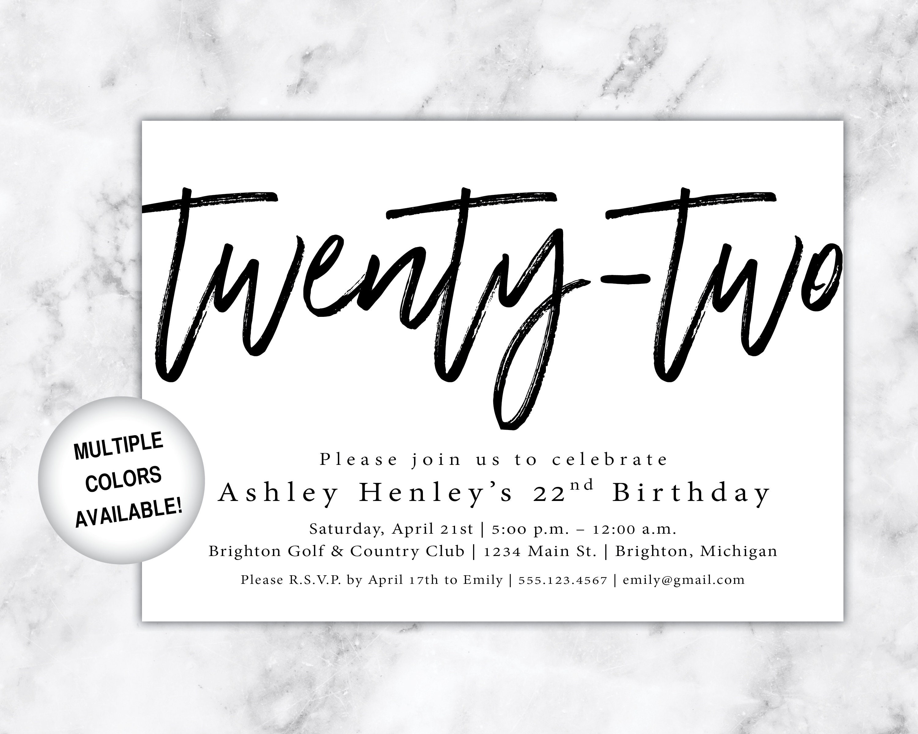 22nd Birthday Invitation Printable Twenty Second Birthday | Etsy