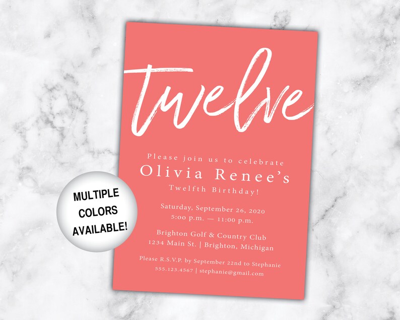 12th Birthday Invitations Printable Twelfth Birthday Party - Etsy