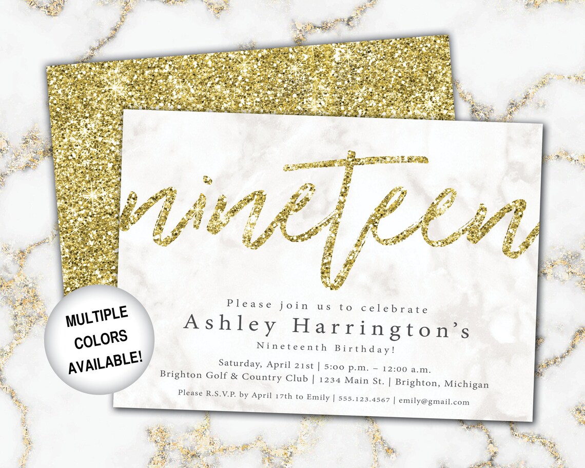 19th Birthday Invitation Gold Glitter Nineteenth Birthday - Etsy