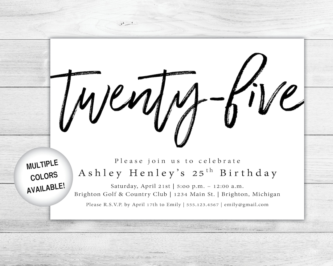 25th Birthday Invitation Printable | Twenty Fifth Birthday Invitation ...