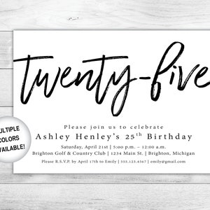 25th Birthday Invitation Printable | Twenty Fifth Birthday Invitation ...
