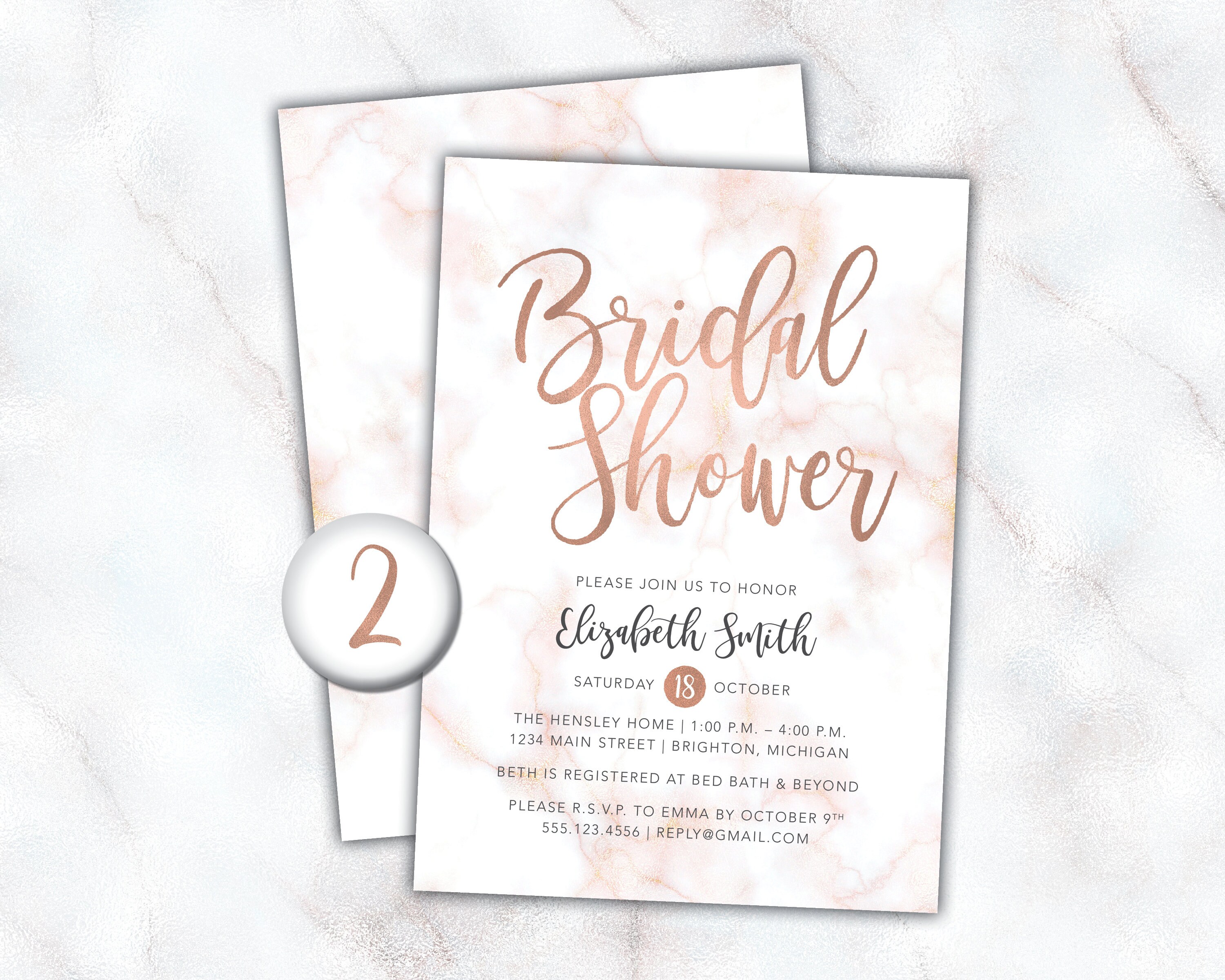 Rose Gold Bridal Shower Invitation Marble Bridal Shower | Etsy