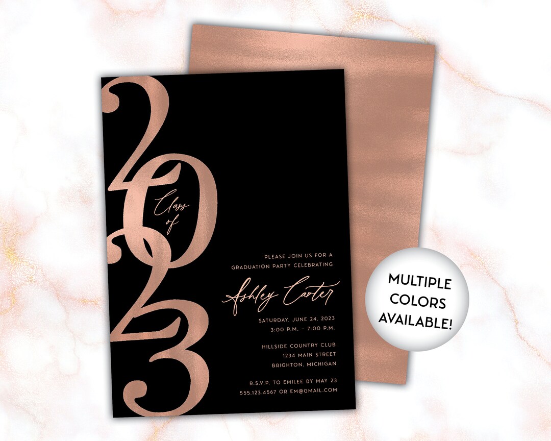 Rose Gold Foil and Black Graduation Party Invite | Class of 2023 Grad ...