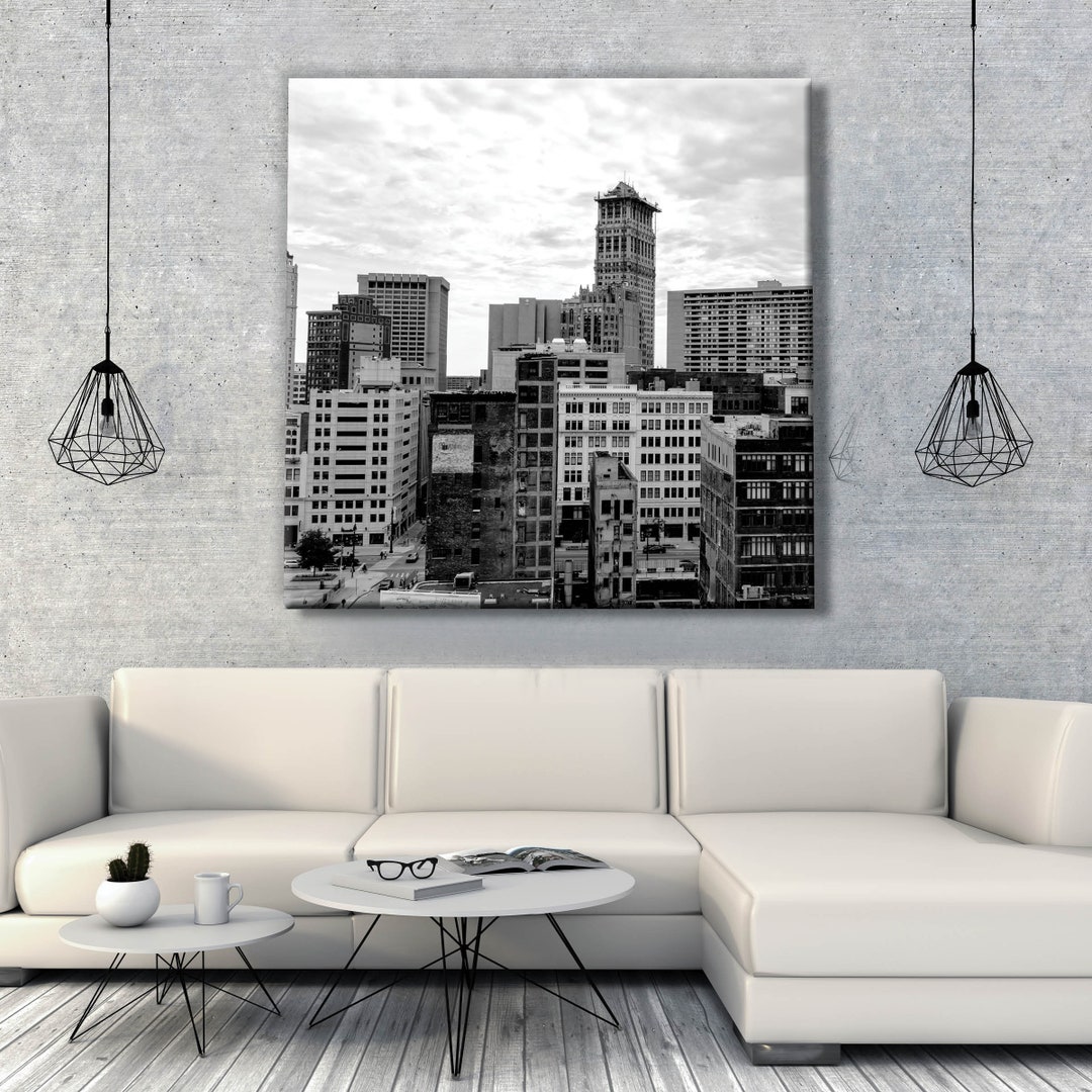 Downtown Detroit Canvas Black & White | Detroit City Wall Art ...