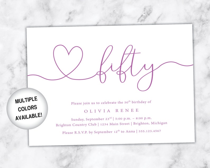 50th Birthday Invitation With Heart Fiftieth Birthday - Etsy