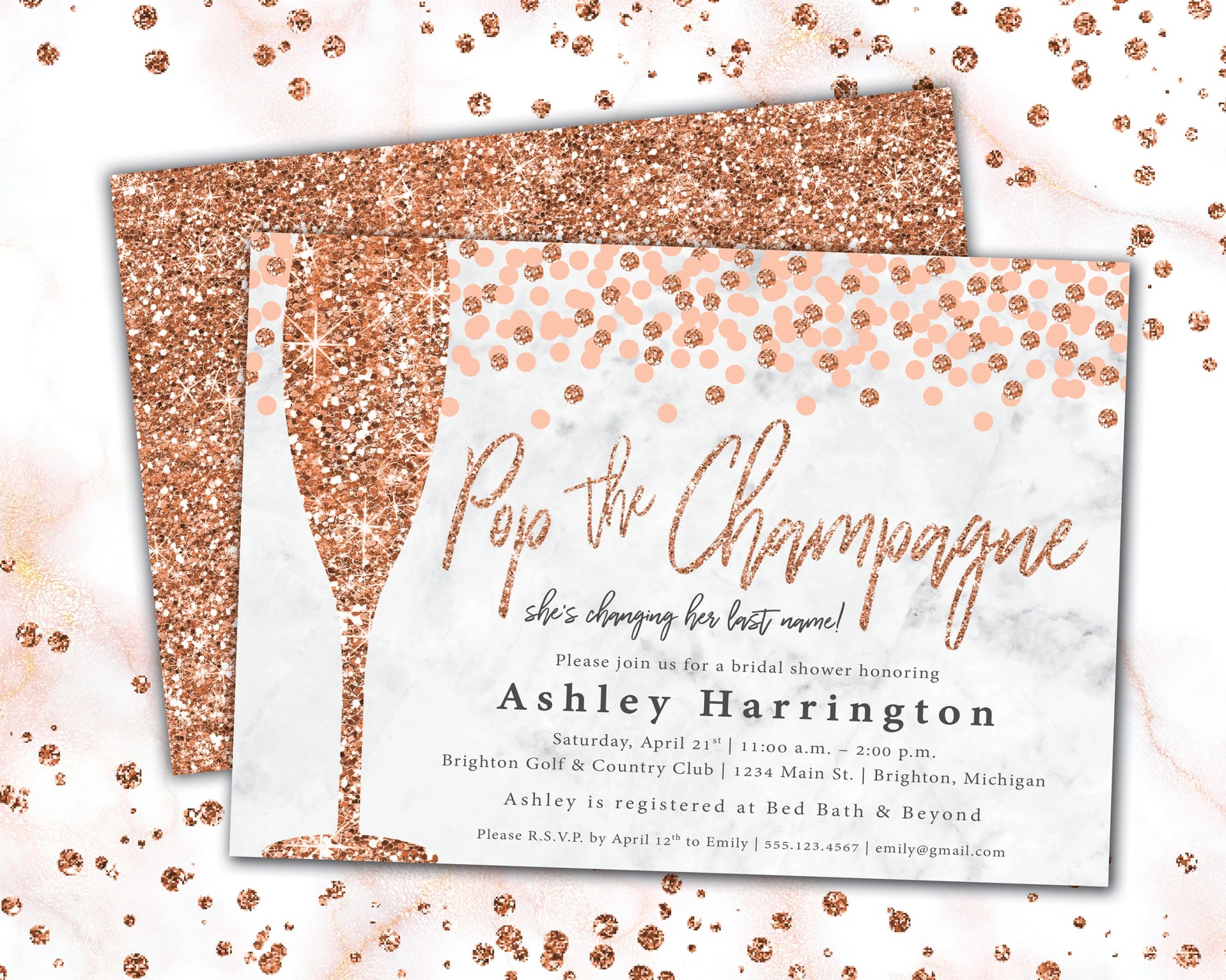 Pop the Champagne Bridal Shower Invitation Rose Gold Black, Glitter Pop ...