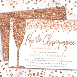 Pop the Champagne Bridal Shower Invitation Rose Gold Black, Glitter Pop ...