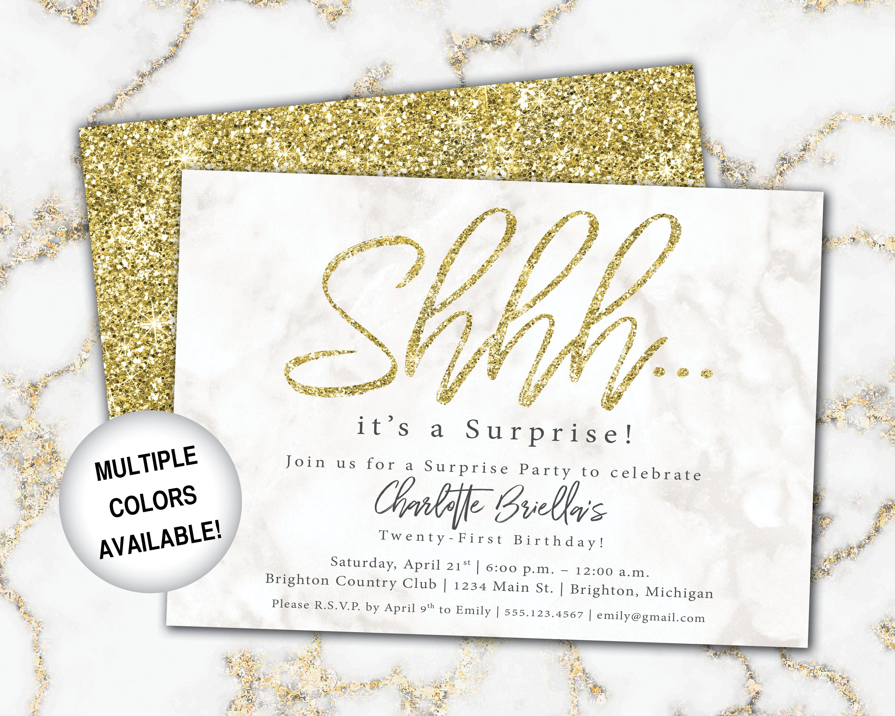 Shh It's a Surprise Black and Gold Invitation | Surprise Birthday ...
