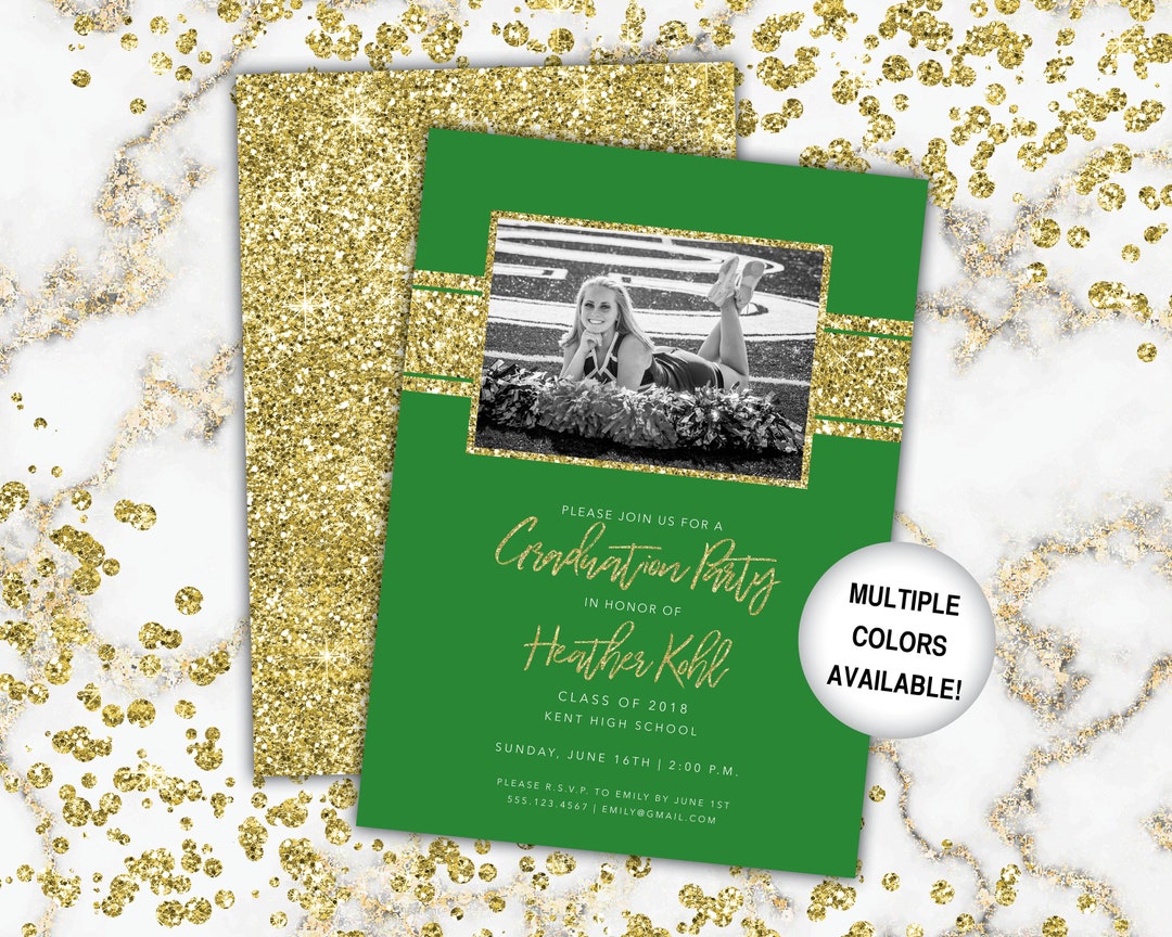 Green and Gold Graduation Party Invitation | Gold Glitter Graduation ...