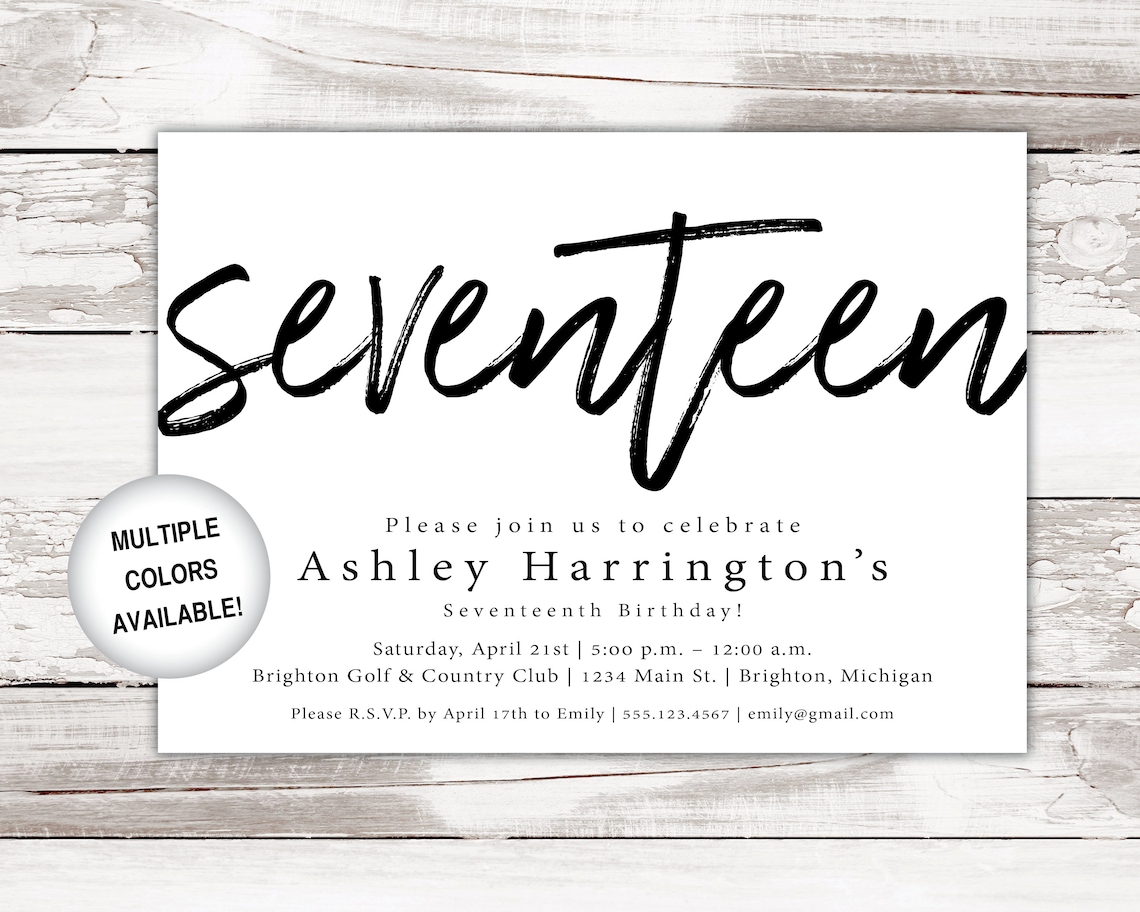 17th Birthday Invitations Printable | Seventeenth Birthday Party ...