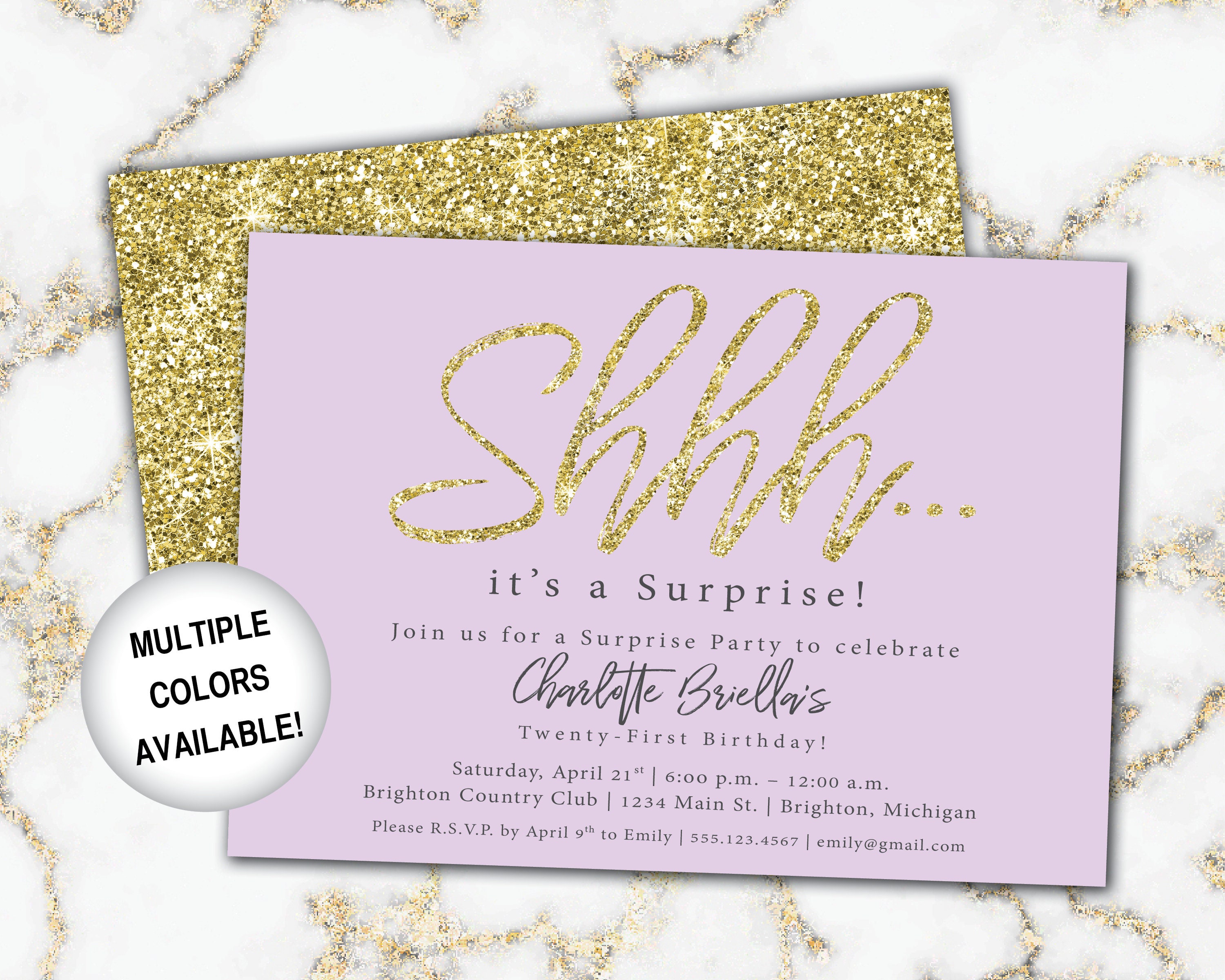 Shh It's a Surprise Black and Gold Invitation | Surprise Birthday ...