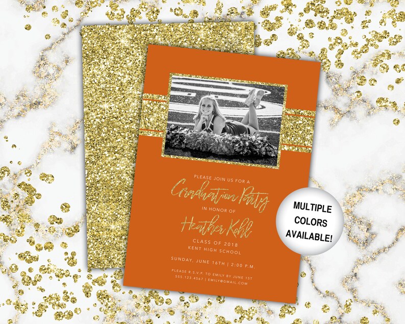 Red and Gold Graduation Party Invitation Glitter | Gold Glitter ...