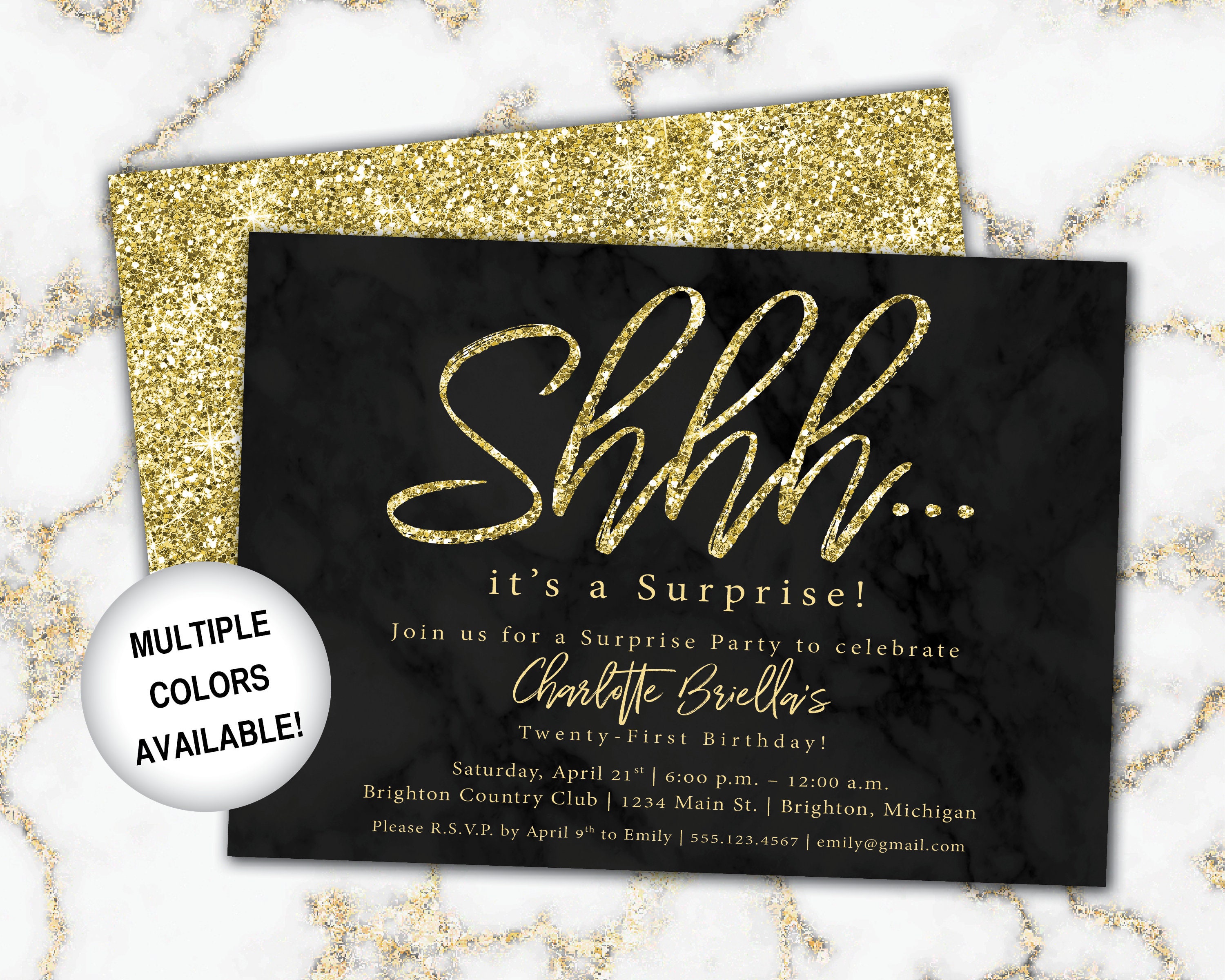 Shh It's a Surprise Black and Gold Invitation | Surprise Birthday ...