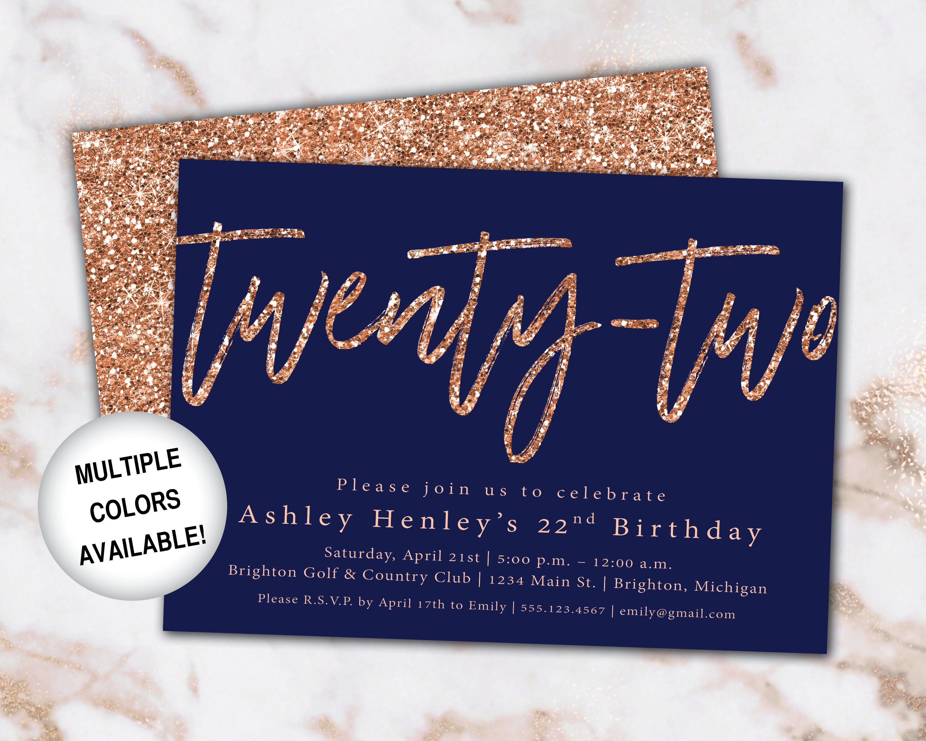 22nd Birthday Invitation Rose Gold 22nd Birthday Invitation | Etsy