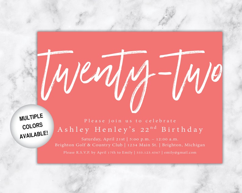 22nd Birthday Invitation Printable Twenty Second Birthday - Etsy