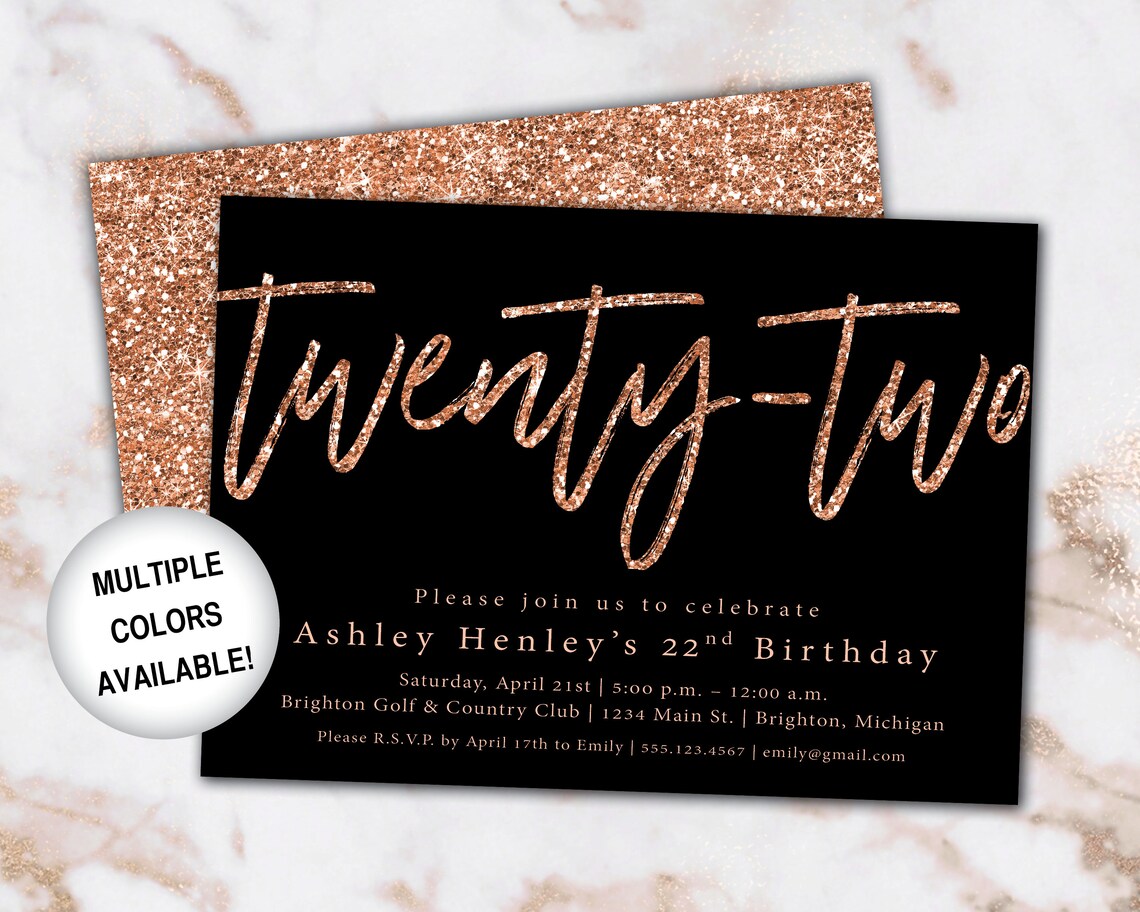 22nd Birthday Invitation Rose Gold | 22nd Birthday Invitation Template ...
