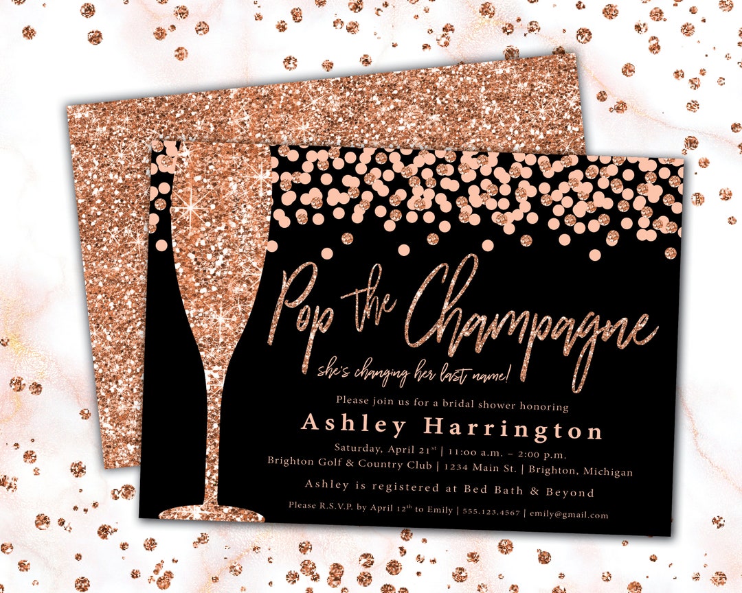 Pop the Champagne Bridal Shower Invitation Rose Gold Black, Glitter Pop ...