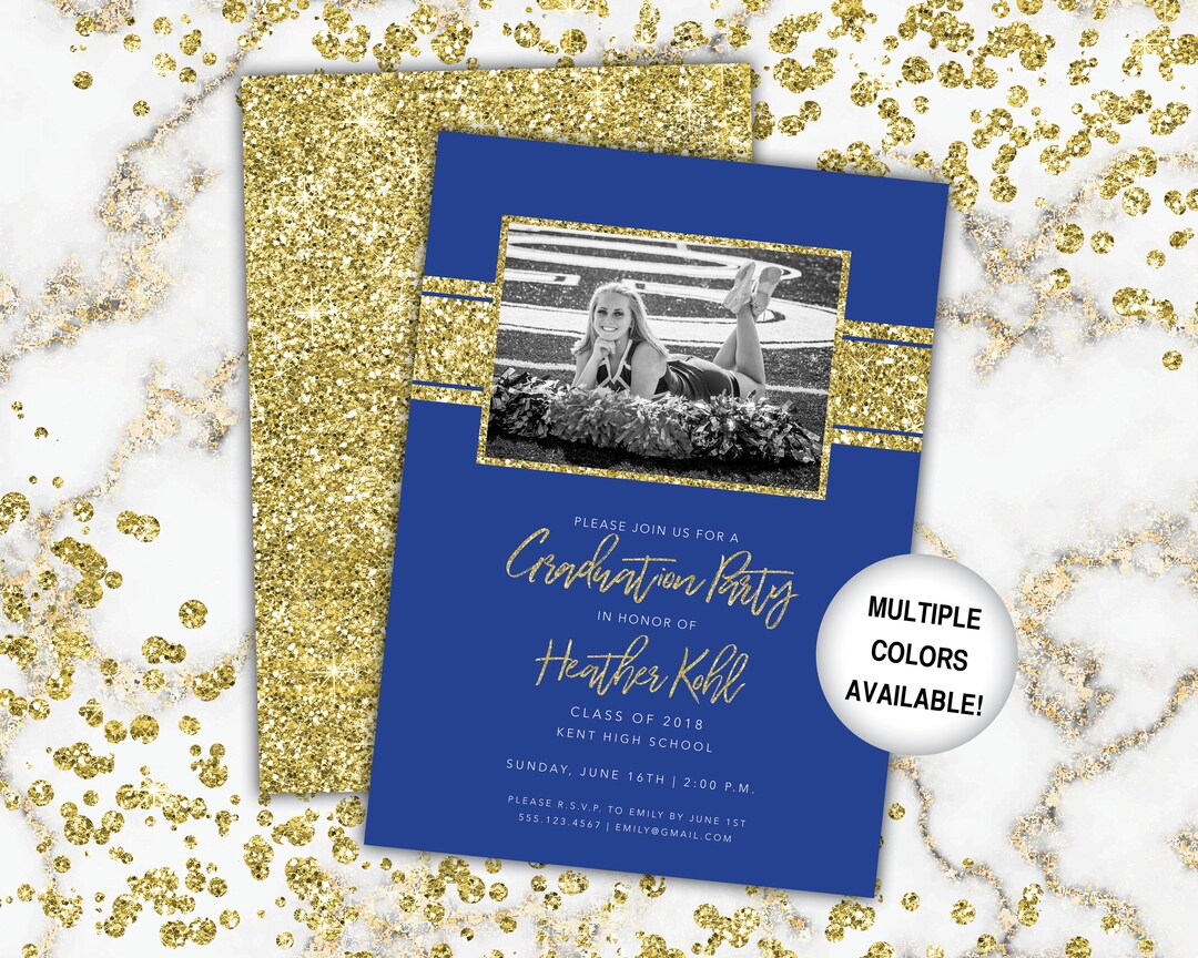 Blue and Gold Graduation Party Invitation | Gold Glitter Graduation ...