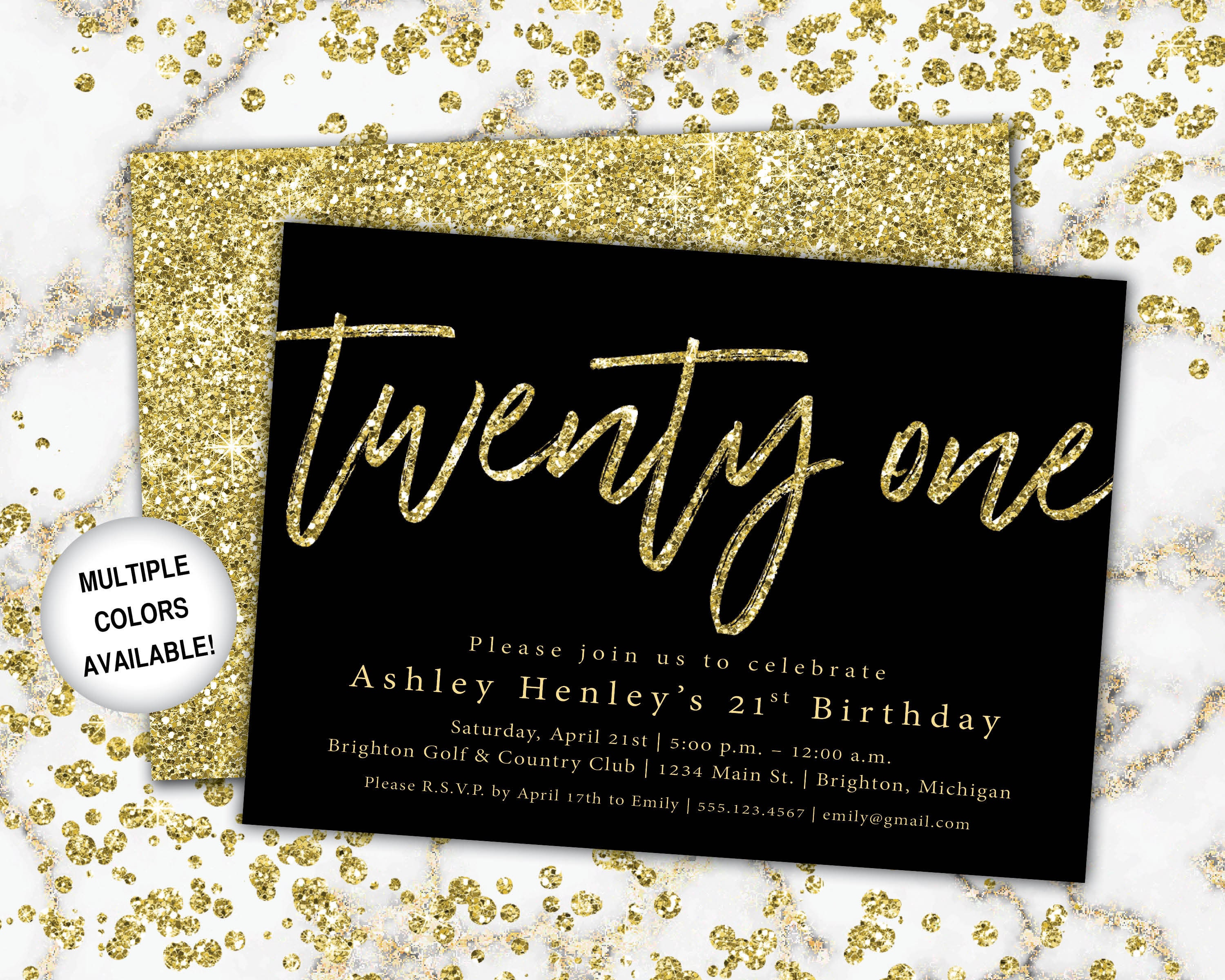 21st Birthday Invitation Black and Gold Twenty First | Etsy
