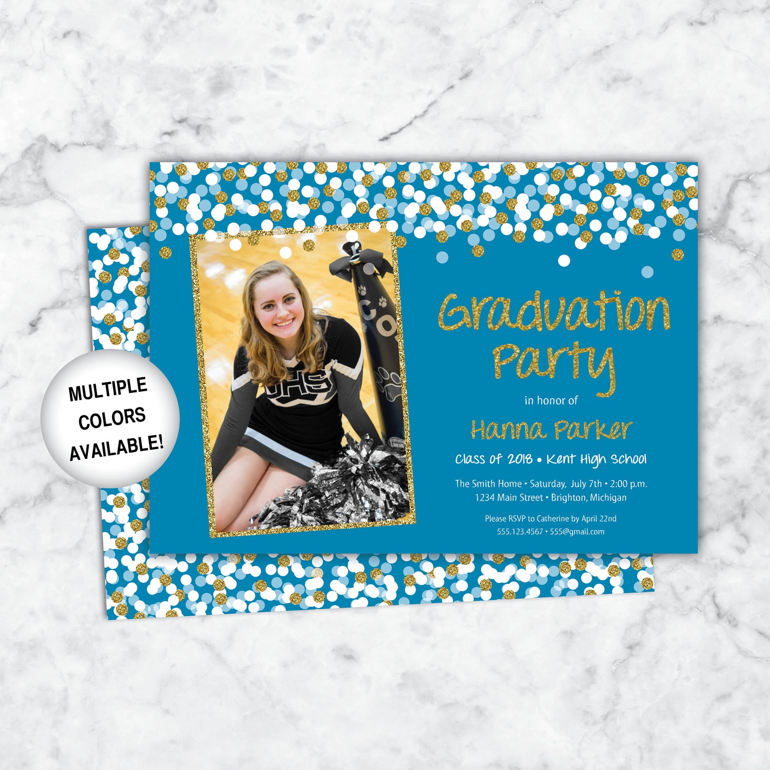 Blue and Gold Graduation Party Invitation Glitter Confetti | Etsy
