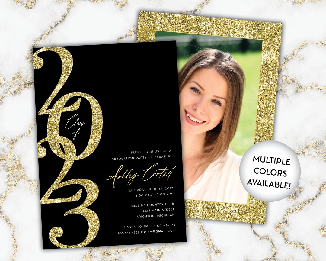 Black and Gold Glitter Graduation Party Invite With Photo | Class of ...